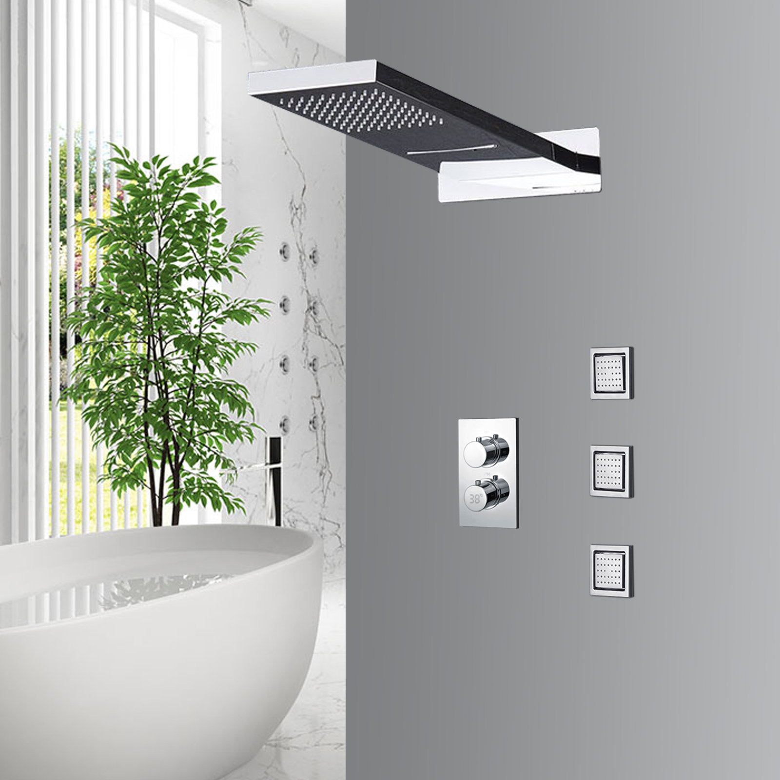 BathSelect Vasto Digital Waterfall Rainfall Shower System with Rough-in ...