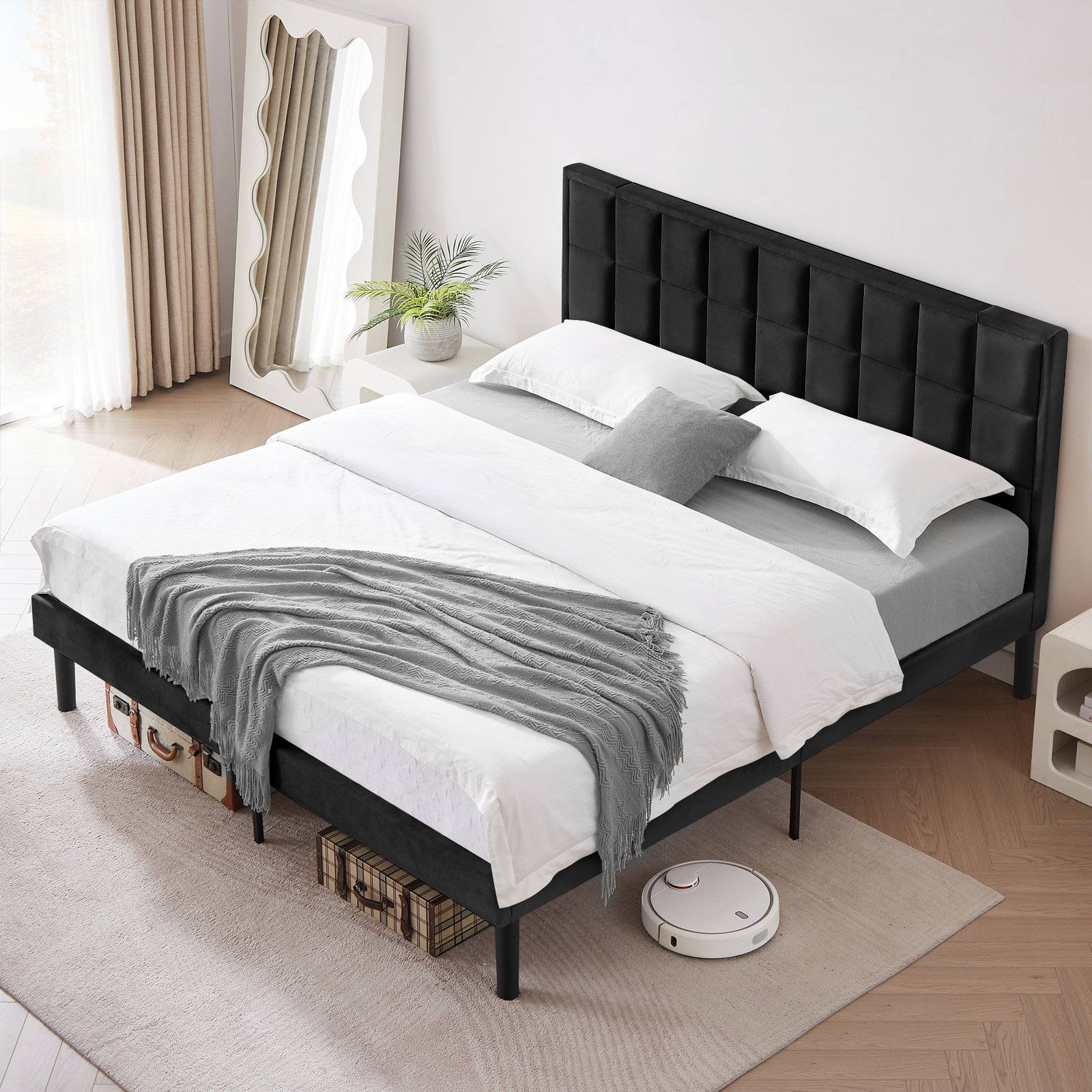 Mercer41 Torrick Bed Frame Cozy Velvet Upholstered Bed Frame with ...
