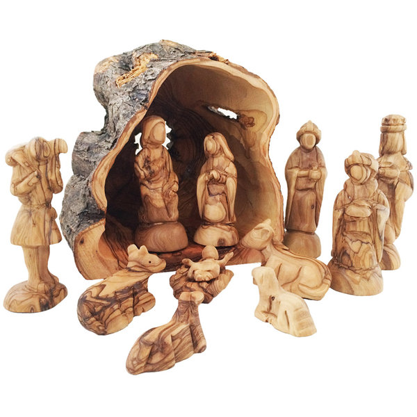 The Holiday Aisle® Olive Wood Rustic Nativity Set with Olive Tree Trunk ...