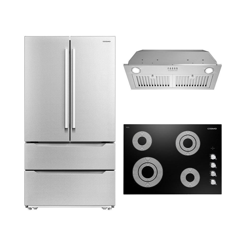 Cosmo 3 Piece Kitchen Appliance Package with French Door Refrigerator ...