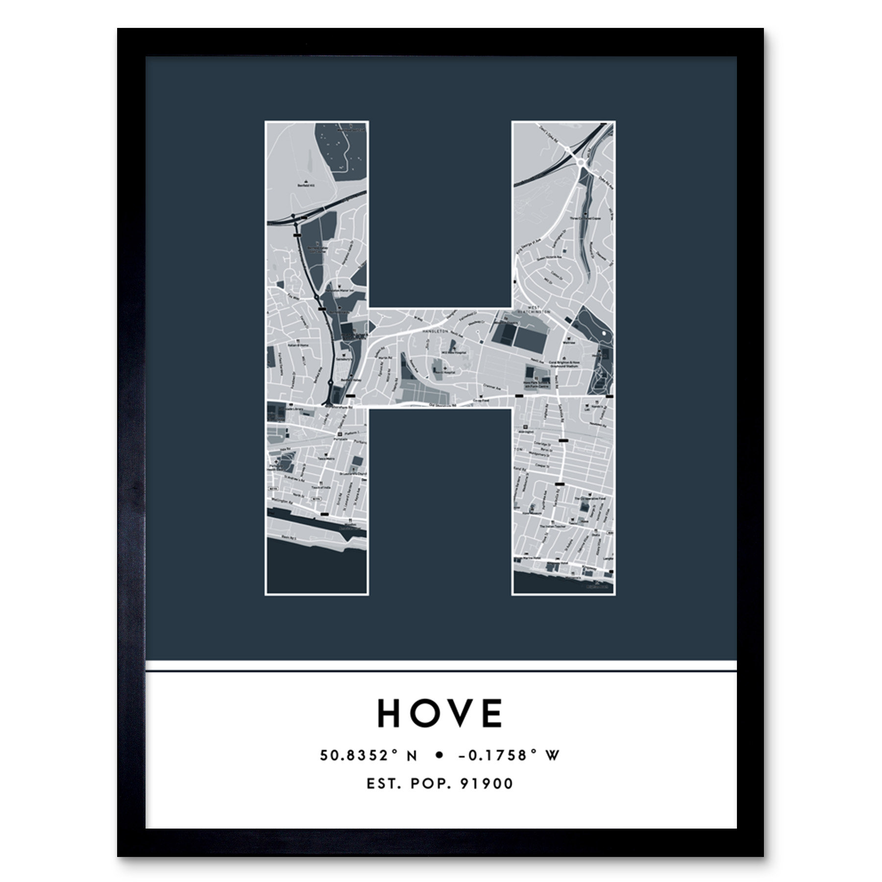 Wee Blue Coo Hove City Map Hove Navy by Wee Blue Coo - Picture Frame ...