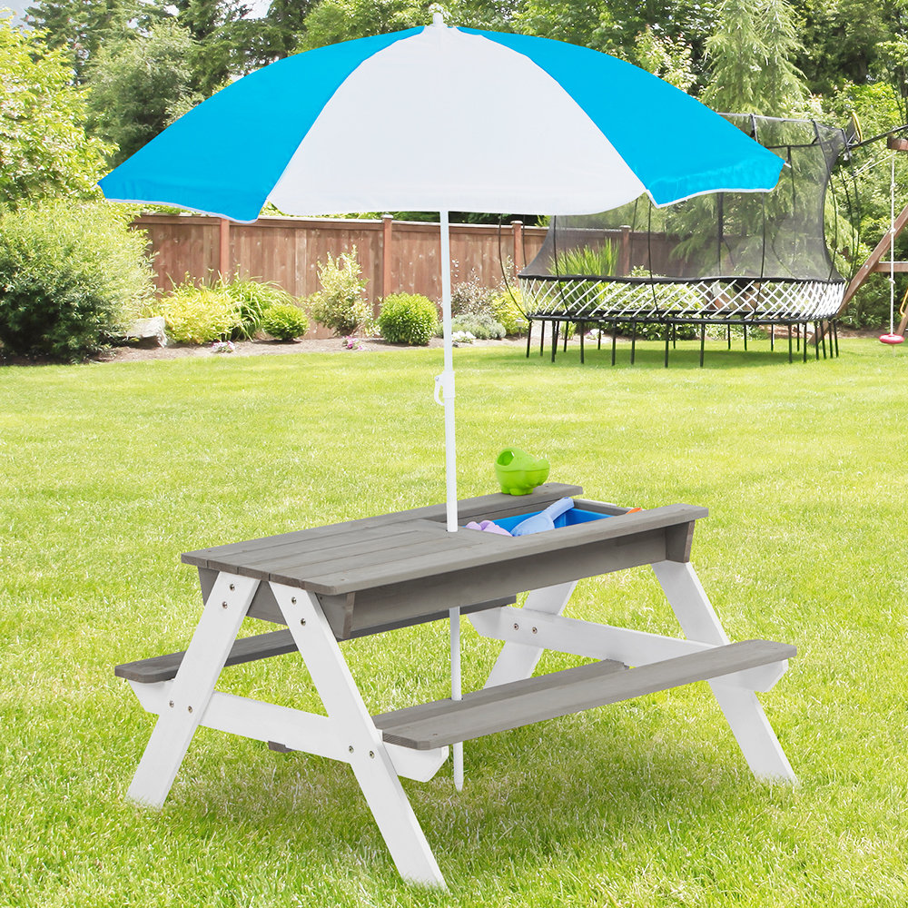 Zoomie Kids Adrianus 3 in 1 Kids Picnic Table with Umbrella and 2 Play ...