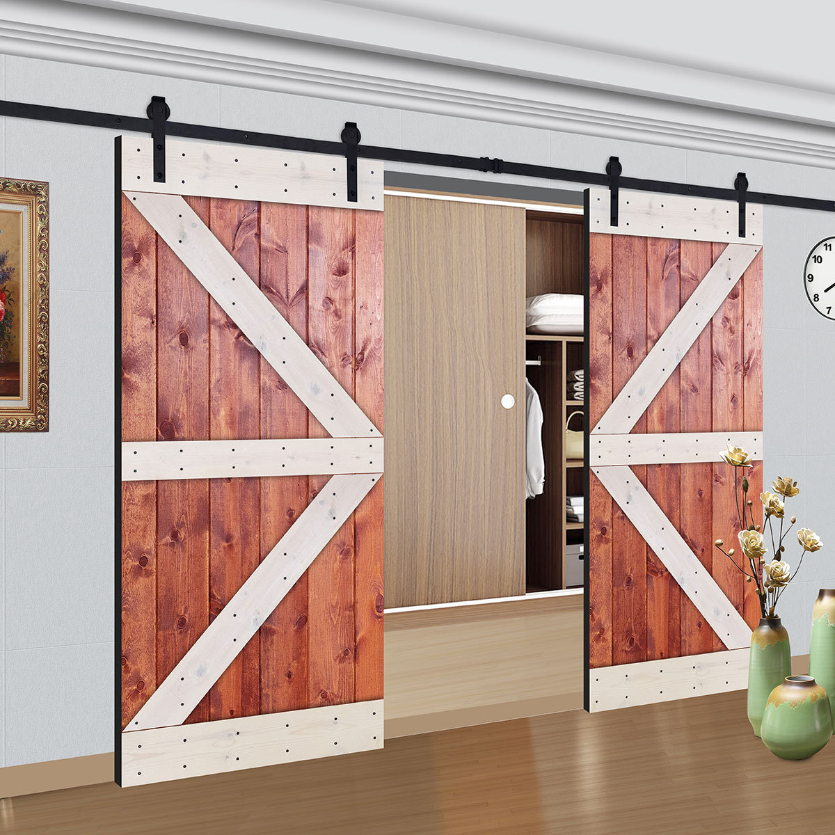 JM HOME Solid Knotty Pine Wood Interior Sliding Double Barn Door With ...