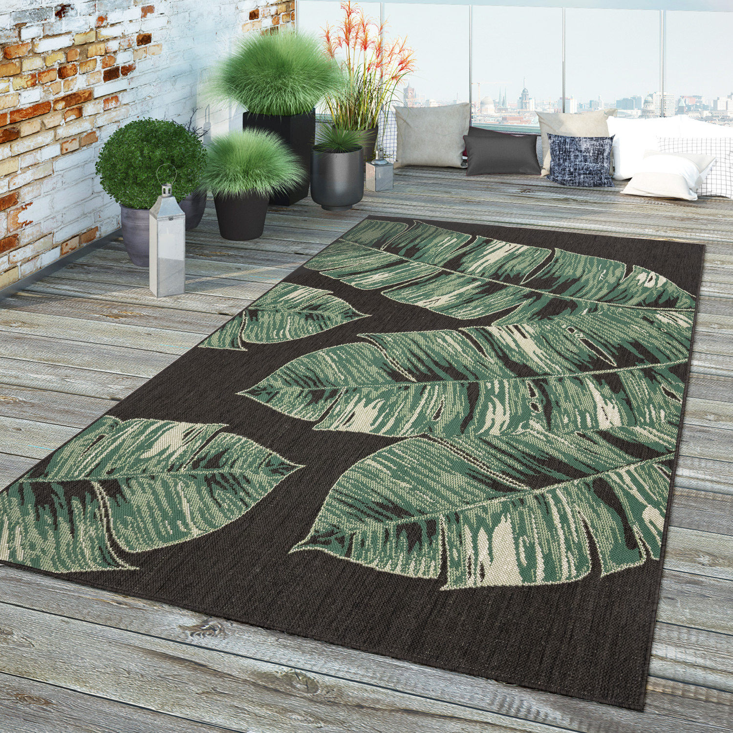 Bayou Breeze Mousoulita Flatweave Black/Green Indoor/Outdoor Rug | Wayfair