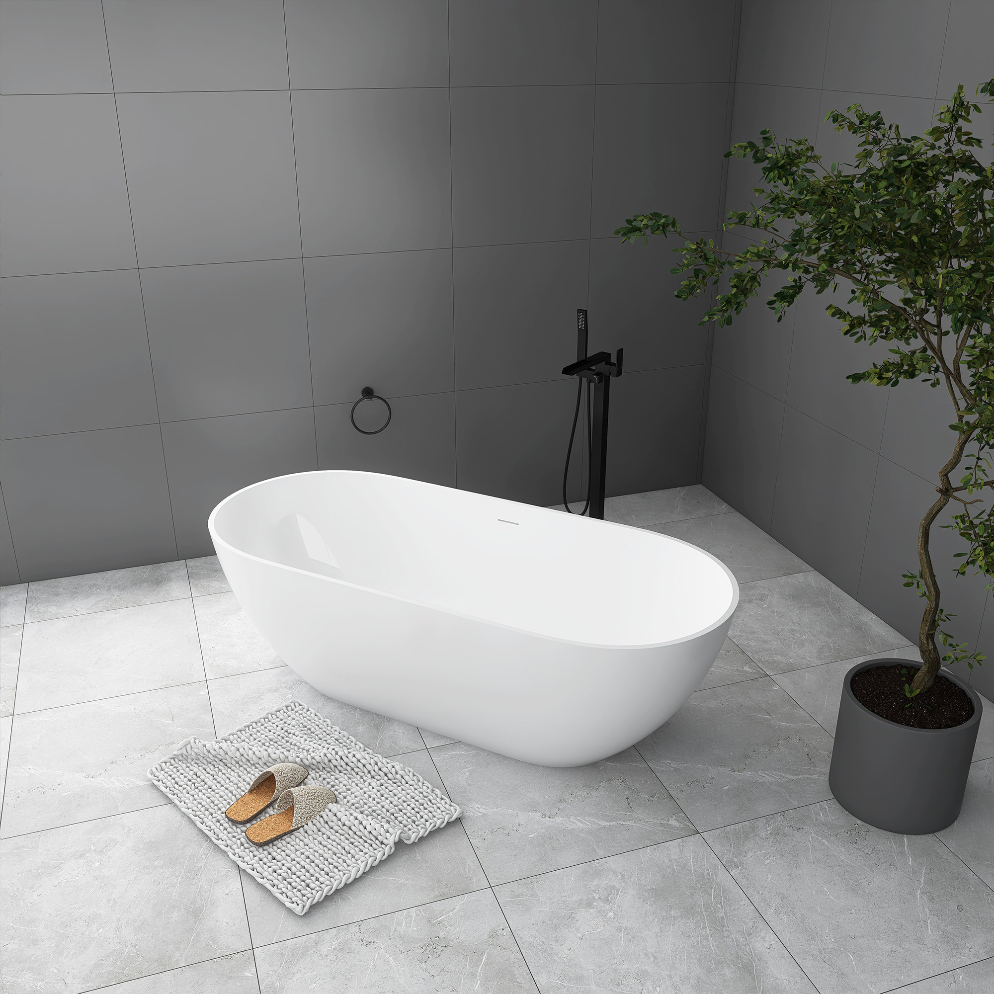 JimsMaison 59'' x 29'' Freestanding Soaking Solid Surface Bathtub | Wayfair