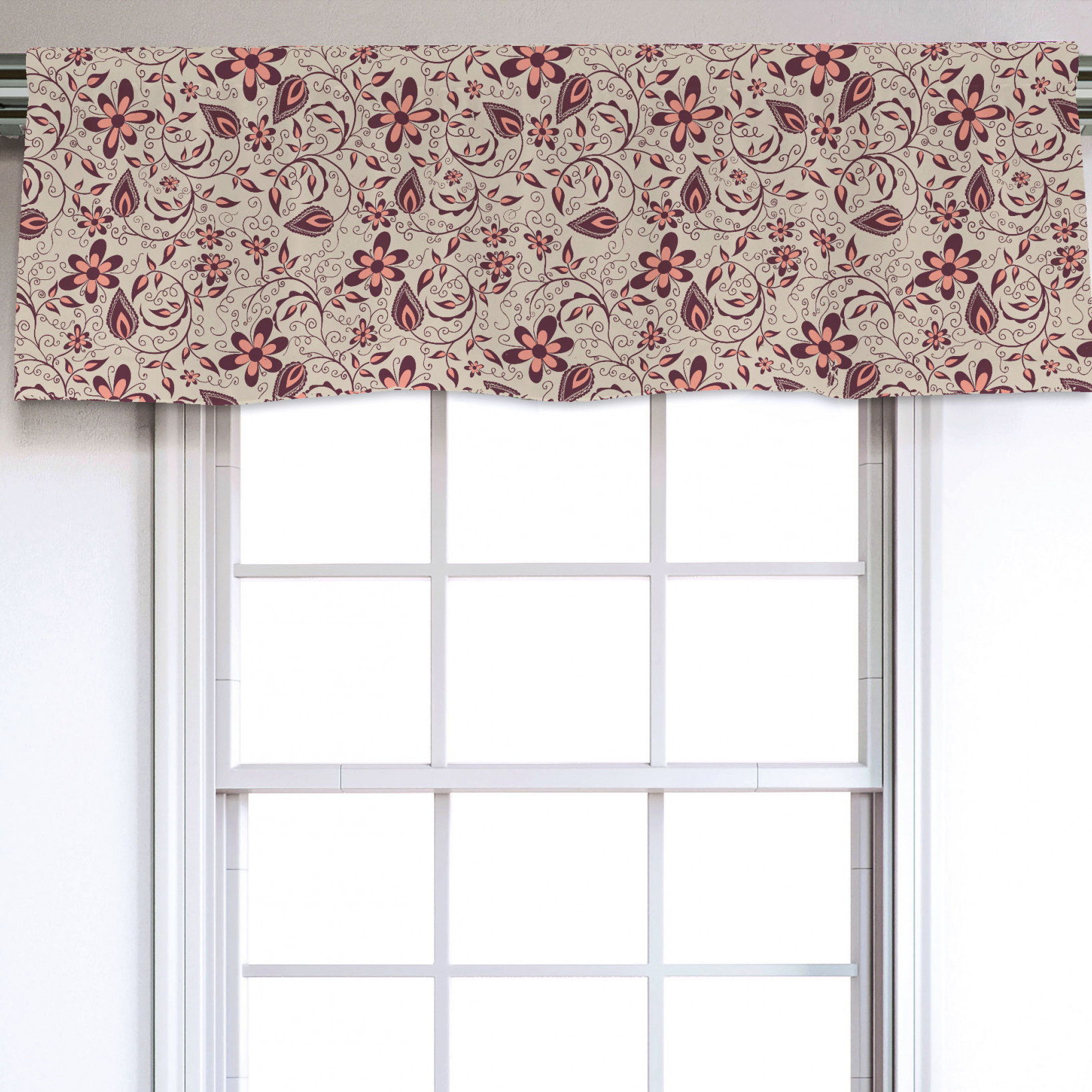 East Urban Home Floral Sateen Ruffled 54'' Window Valance in Beige/Red ...