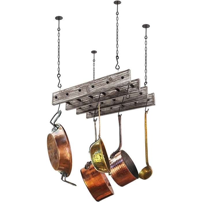 Gracie Oaks Ceiling Mounted Wooden Hanging Pot Rack & Reviews | Wayfair