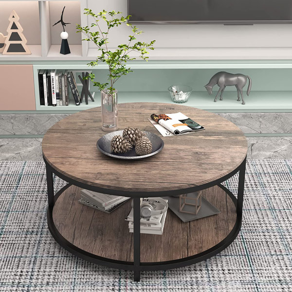 Latitude Run® 36 Inches Round Coffee Table, Rustic Wooden Surface Top ...