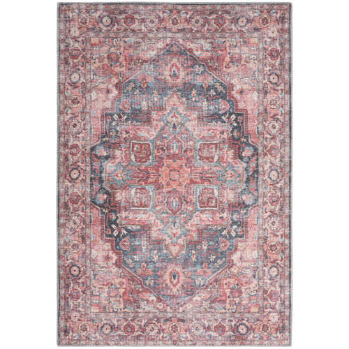 Nicole Curtis Machine Washable Oriental Blue/Brick Red Area Rug ...