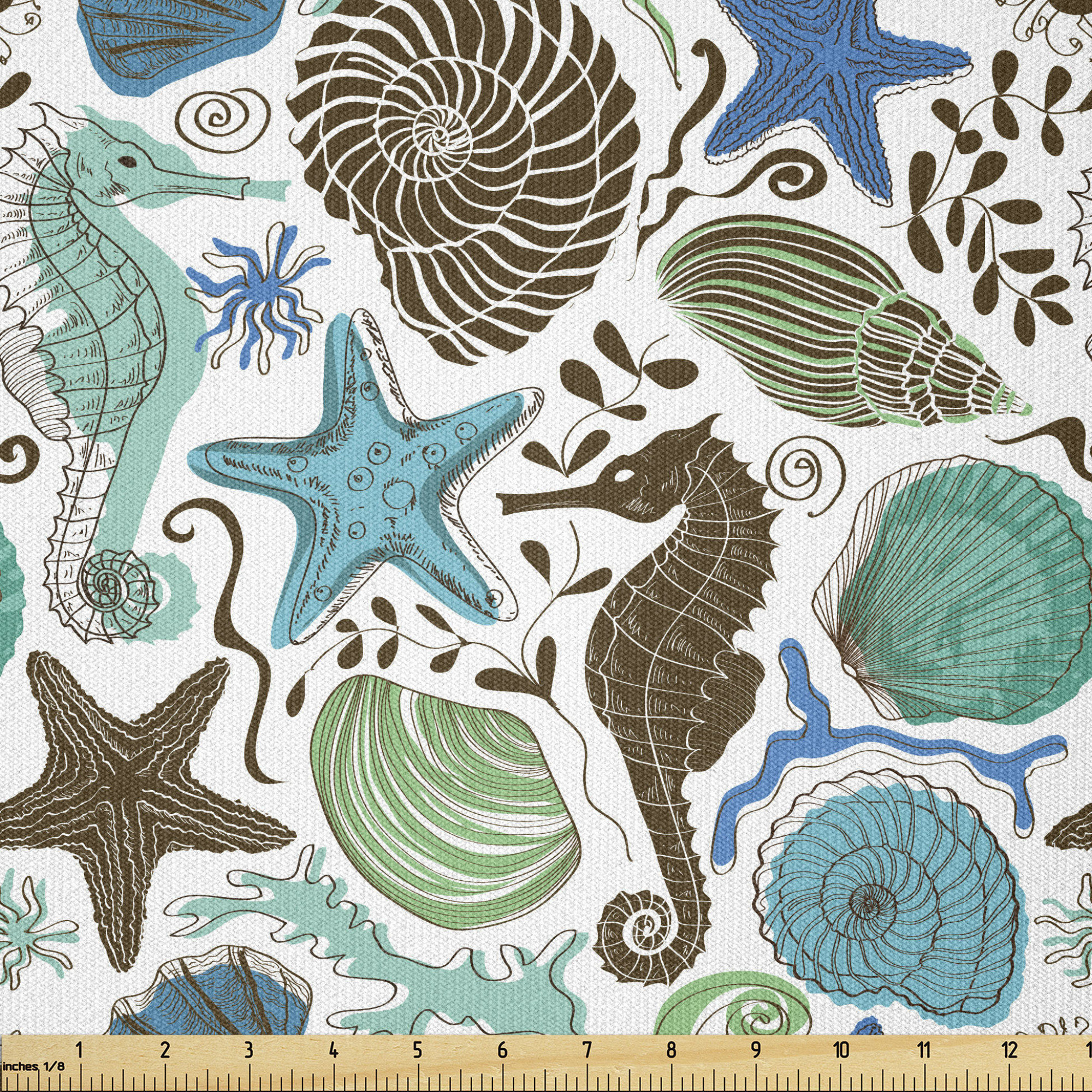 Bless international Sea Shells Fabric By The Yard, Maritime Art With ...