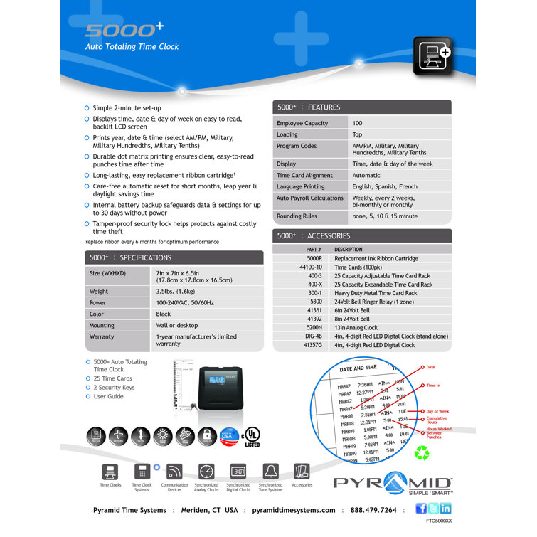 Pyramid 5000+ Auto Totaling Time Clock | Wayfair