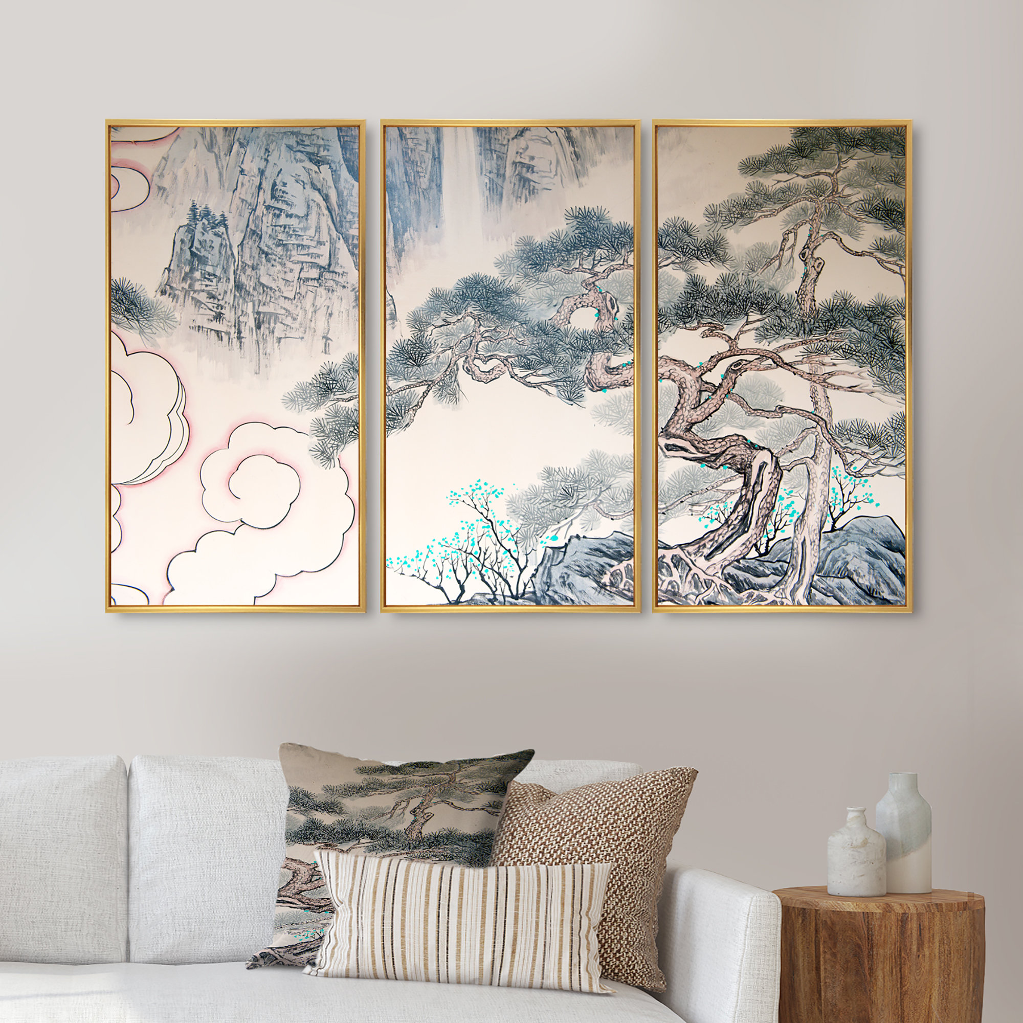 Red Barrel Studio® Chinese Blue Tree Art - 3 Piece Painting on Canvas ...