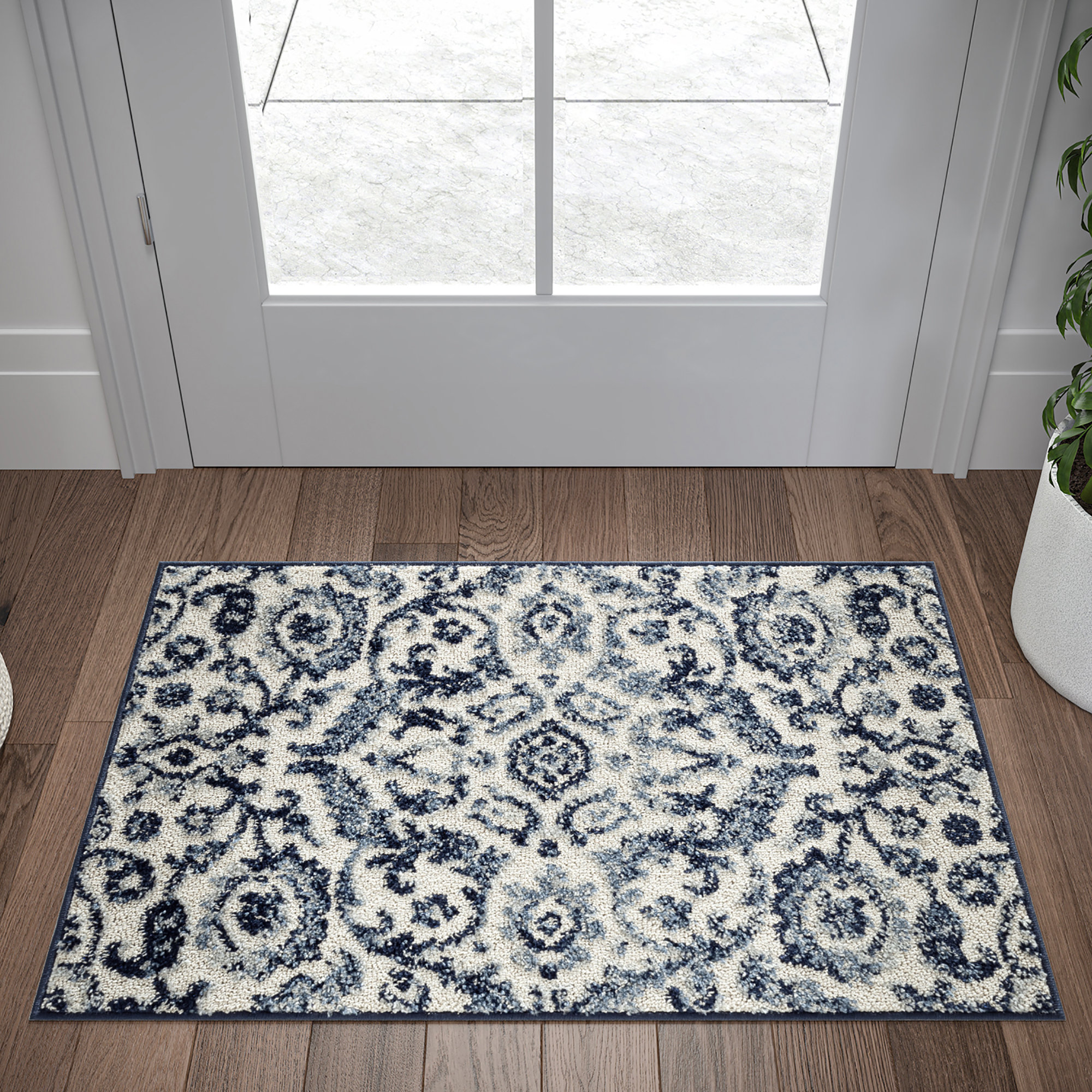 Bungalow Rose Dua Machine Woven / Power Loomed Performance Navy/Cream ...