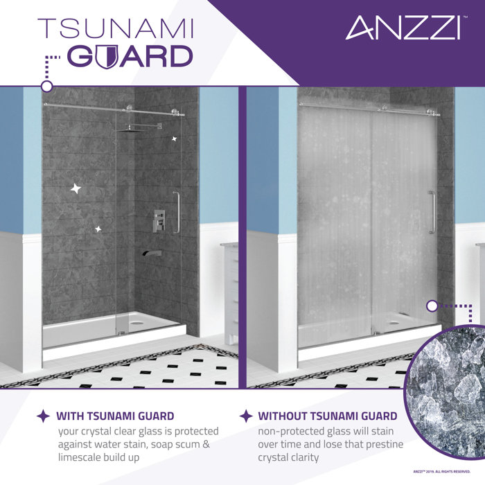 ANZZI Vensea 31.5" W x 58" H Hinged Frameless Tub Door with Tsunami ...