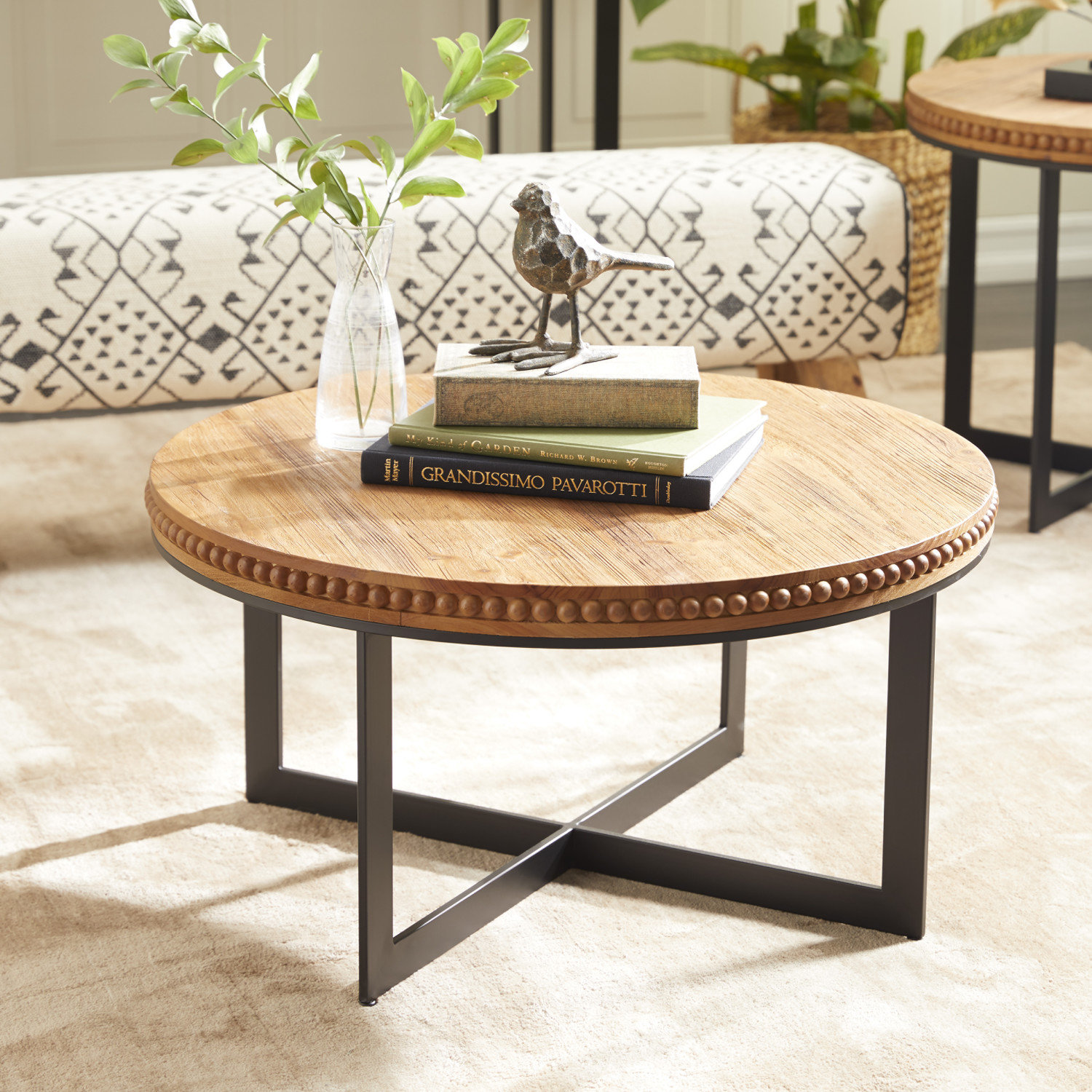 17 Stories Brown Wood Beaded Coffee Table with Metal X-Shaped Base 30 ...