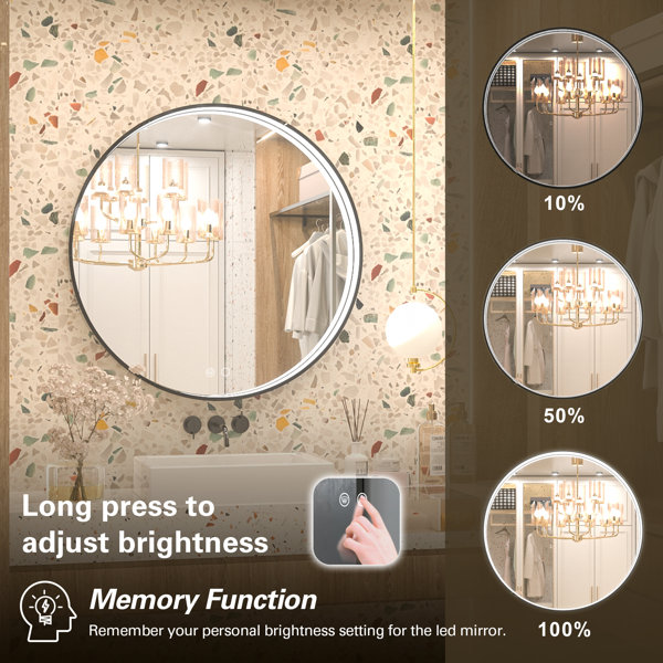 Ivy Bronx Akhiya Black Metal Frame LED Round Vanity Mirror with Lights ...