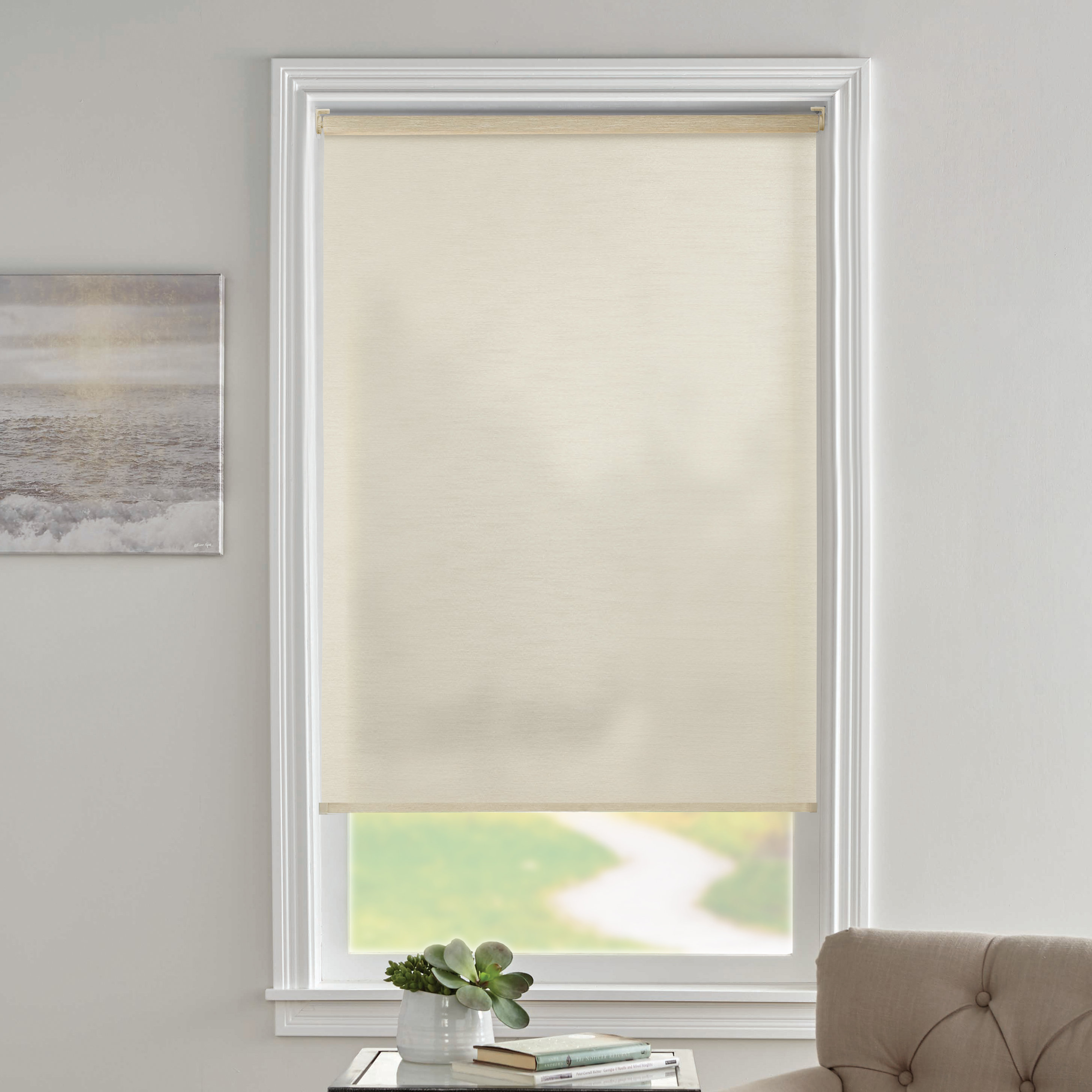 Symple Stuff Fabric Semi-Sheer Beige/White Roller Shade | Wayfair