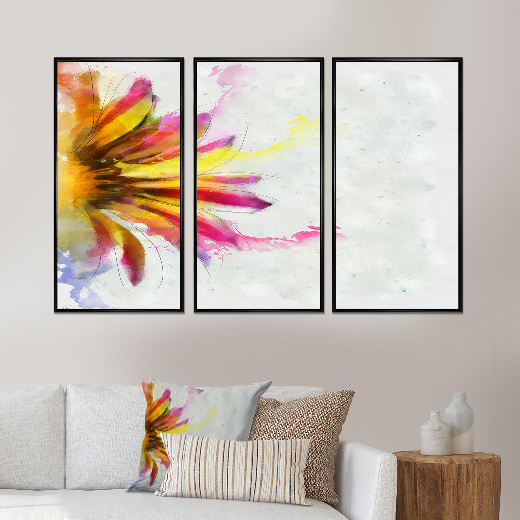 August Grove® Large Sunflower Sketch Watercolor - 3 Piece Floater Frame ...