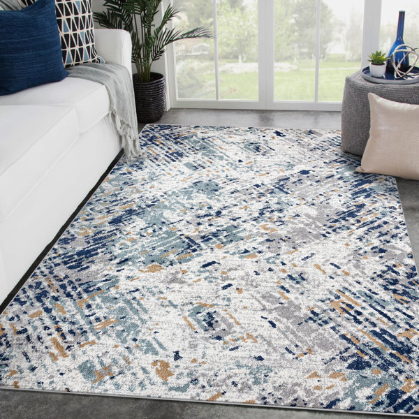 17 Stories Thorold Performance Blue/Cream Rug | Wayfair