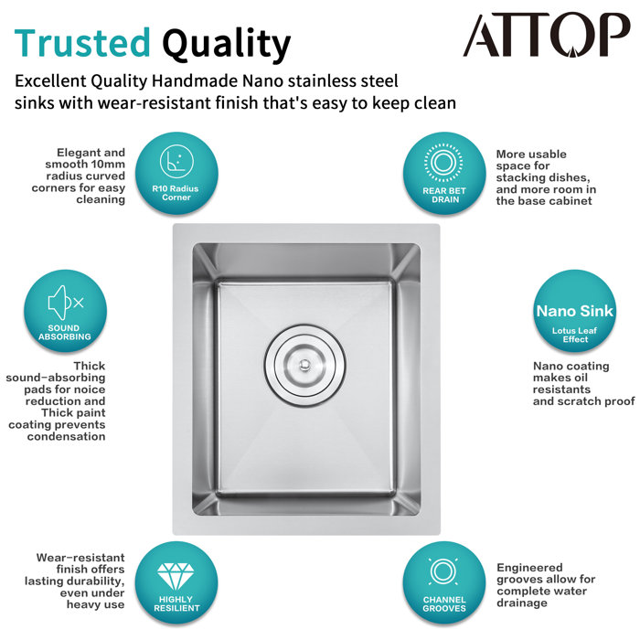 ATTOP 15'' W Single Bowl Stainless Steel Undermount Kitchen Sink ...