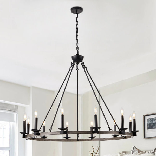 17 Stories 12-Light Rustic Hanging Wagon Wheel Light Fixtures | Wayfair