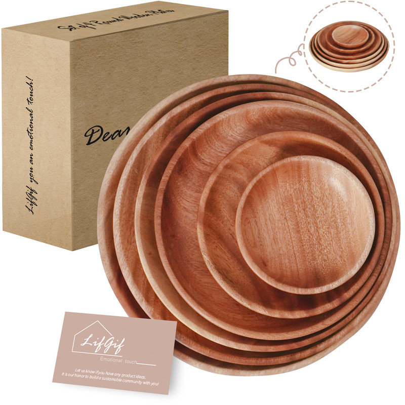 GWH Khaya Wood Dinner Plates set of 6 - Multisize Round Wooden Plates ...