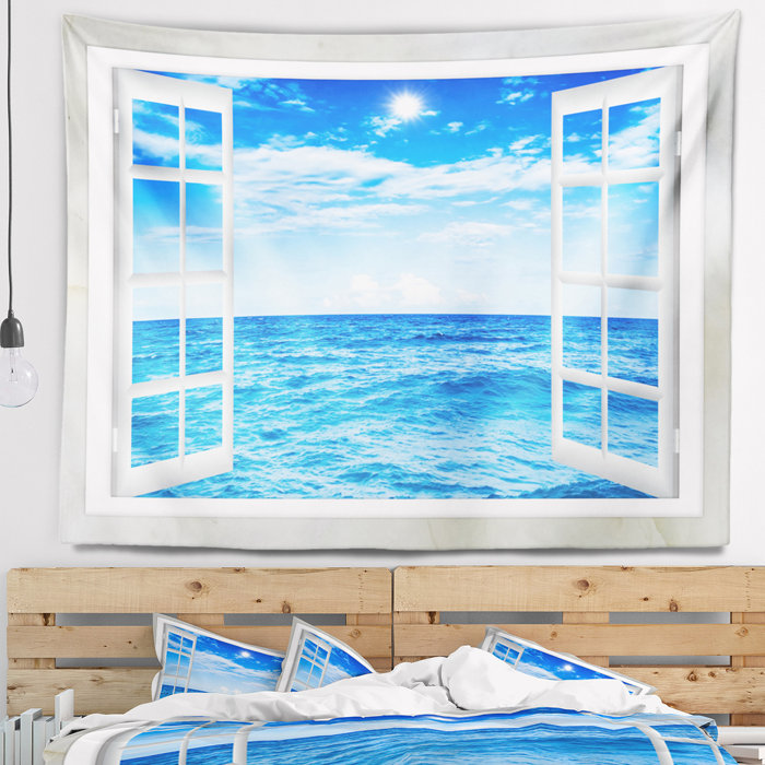 Bless international Seashore Window Open to Blue Wavy Ocean Tapestry ...