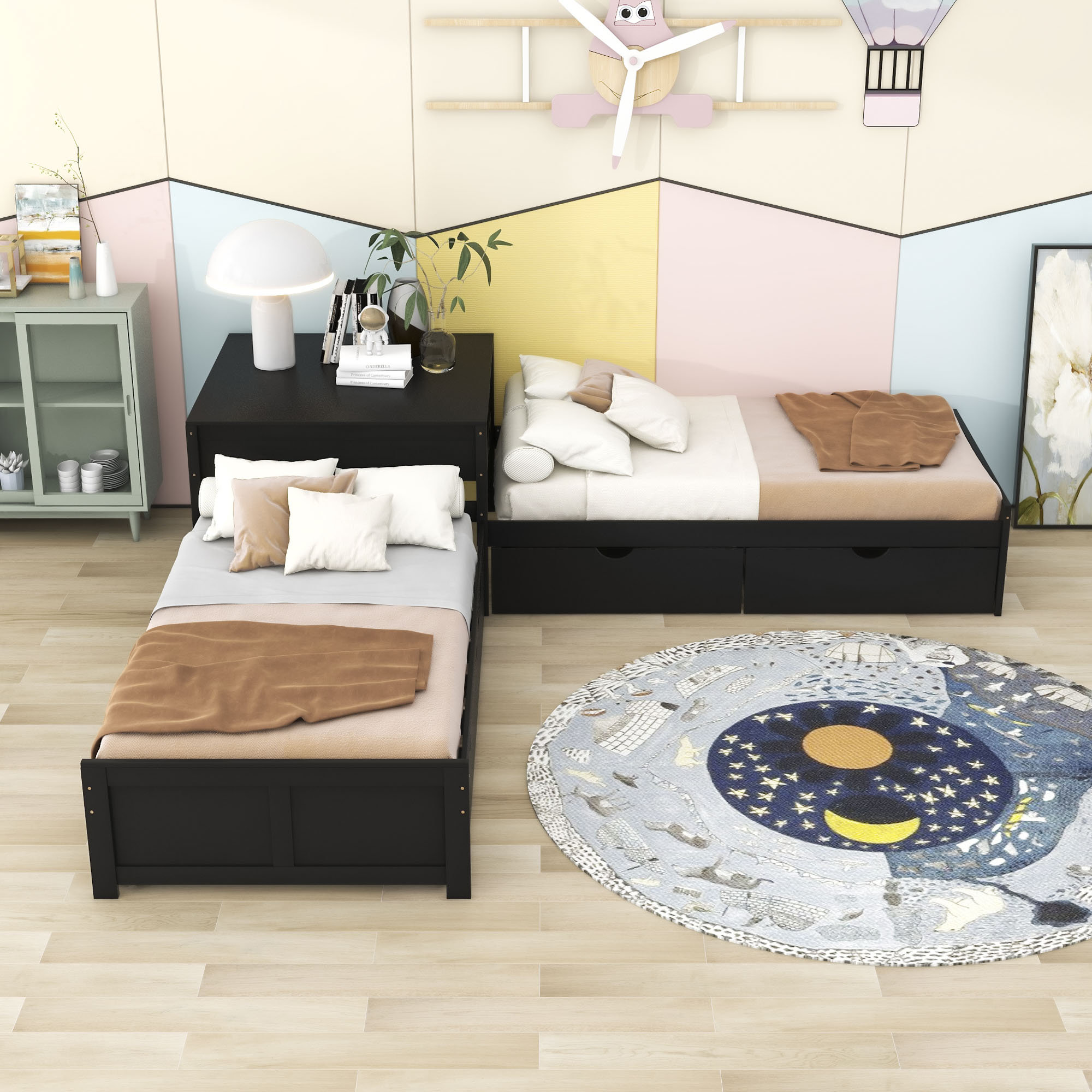 Latitude Run® Twin Size L-Shaped Platform Bed with Trundle and Two ...