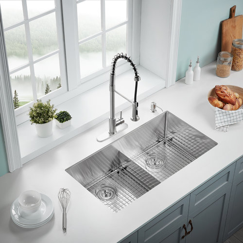 Serene Valley 36 in. Double Bowl Undermount Kitchen Sink, Thin Divider ...