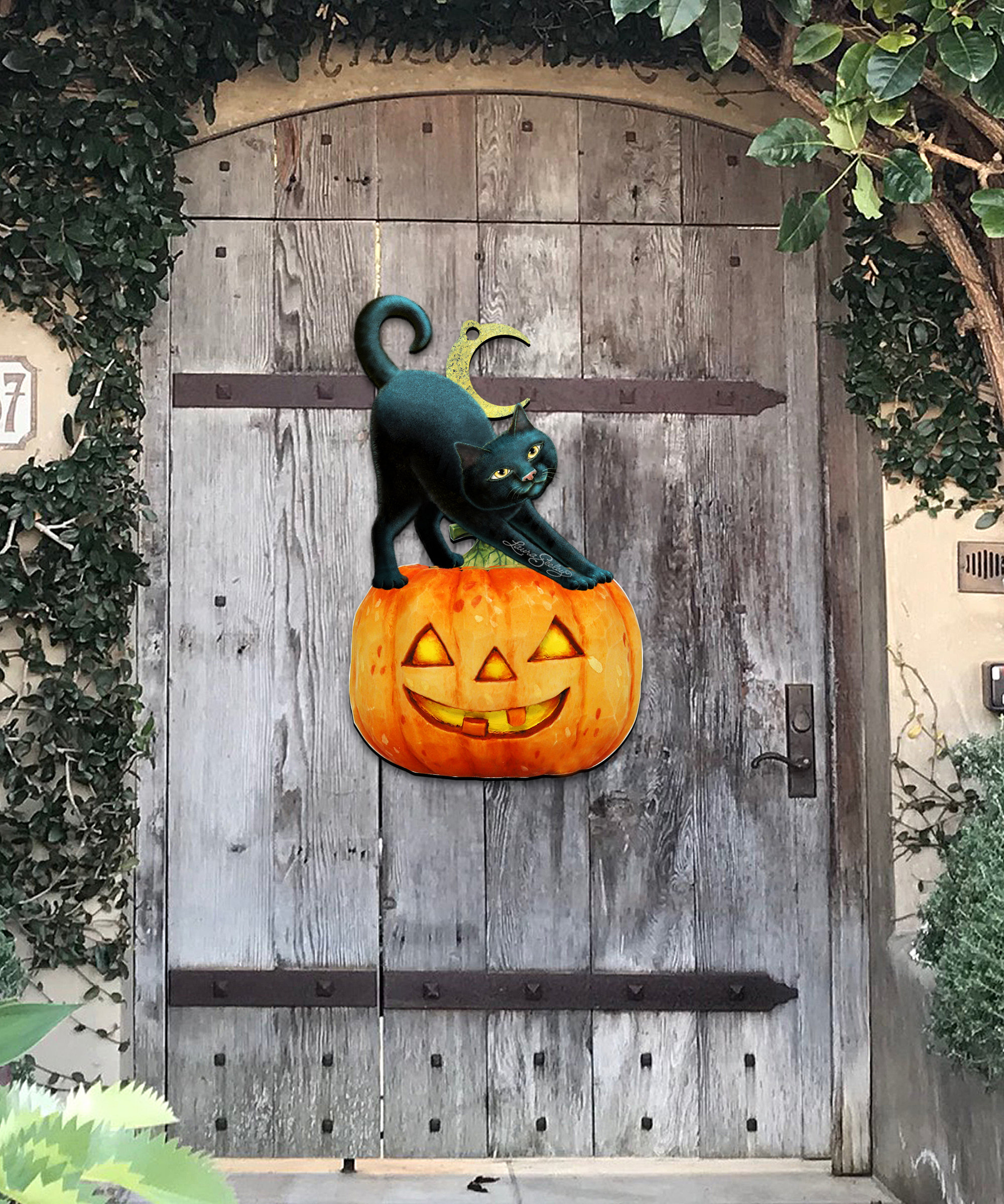 The Holiday Aisle® Spooky Pumpkin Halloween Cat Wooden Door Hanger ...
