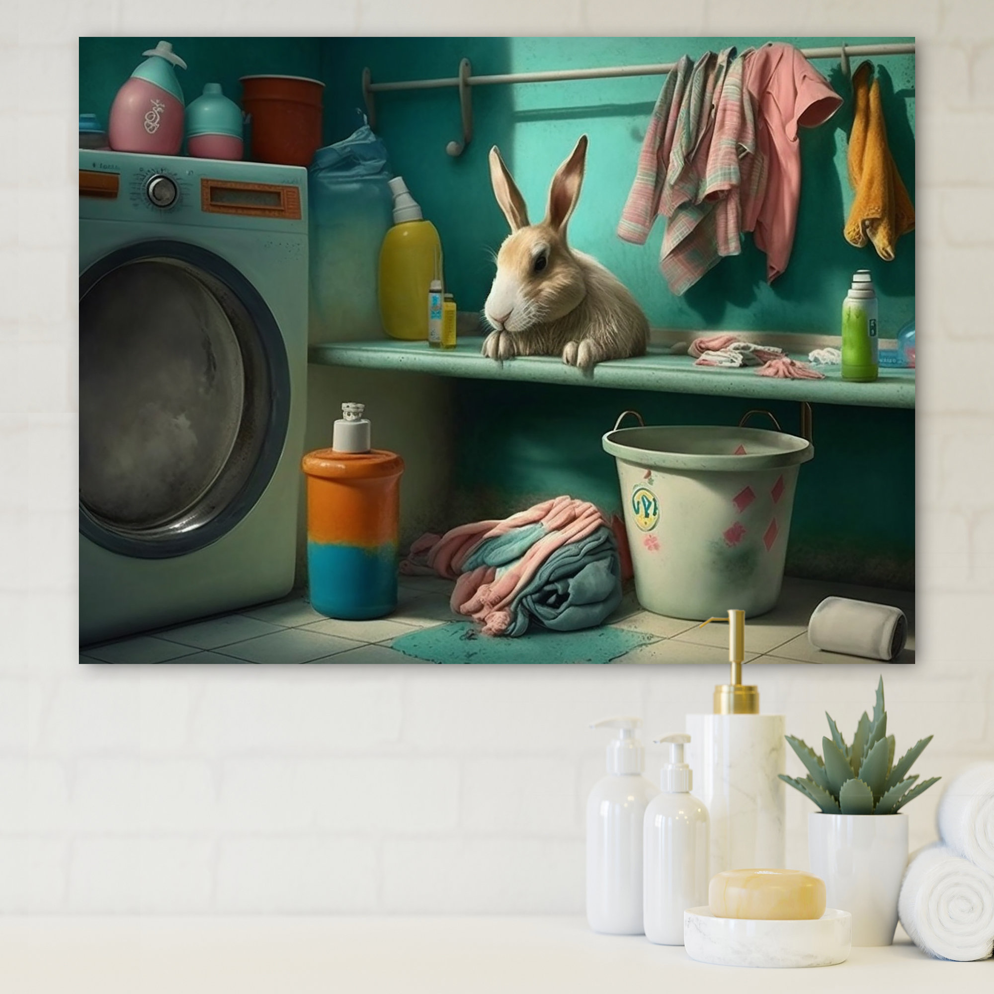 Gracie Oaks Funny Rabbit Doing Laundry III - Wrapped Canvas Print | Wayfair