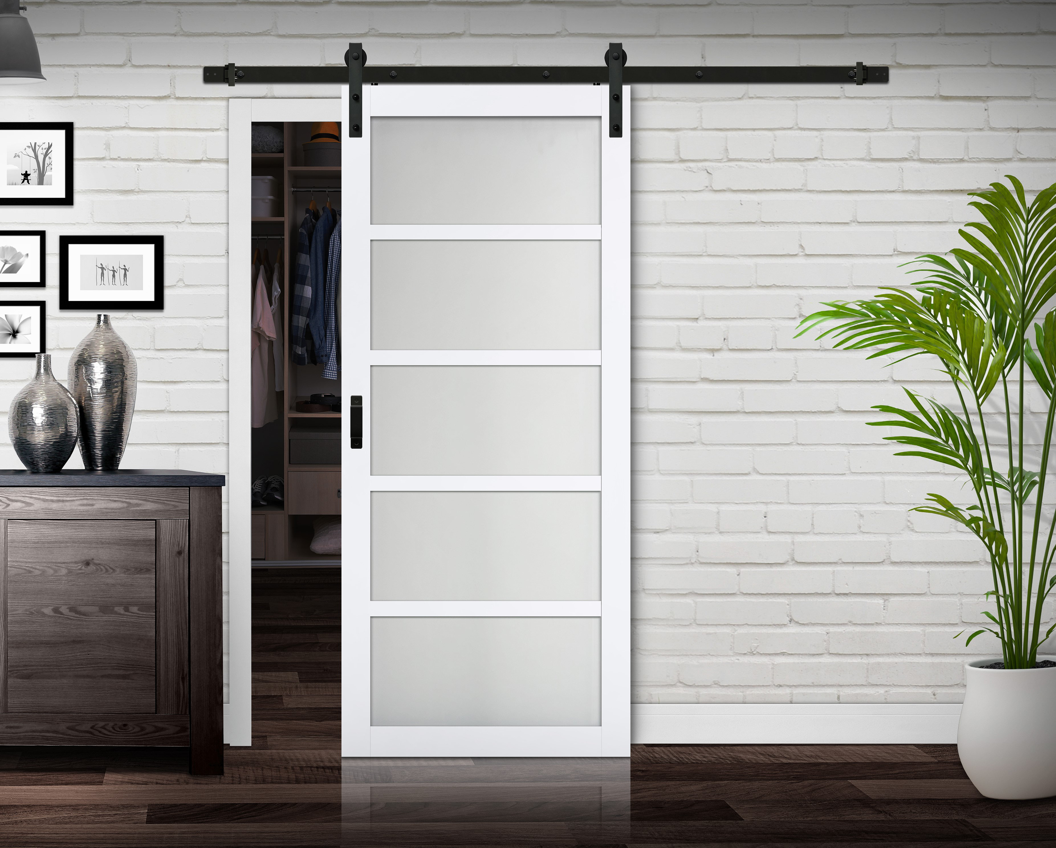 Renin Glass Wood Finish Pavilion Barn Door with Installation Hardware ...
