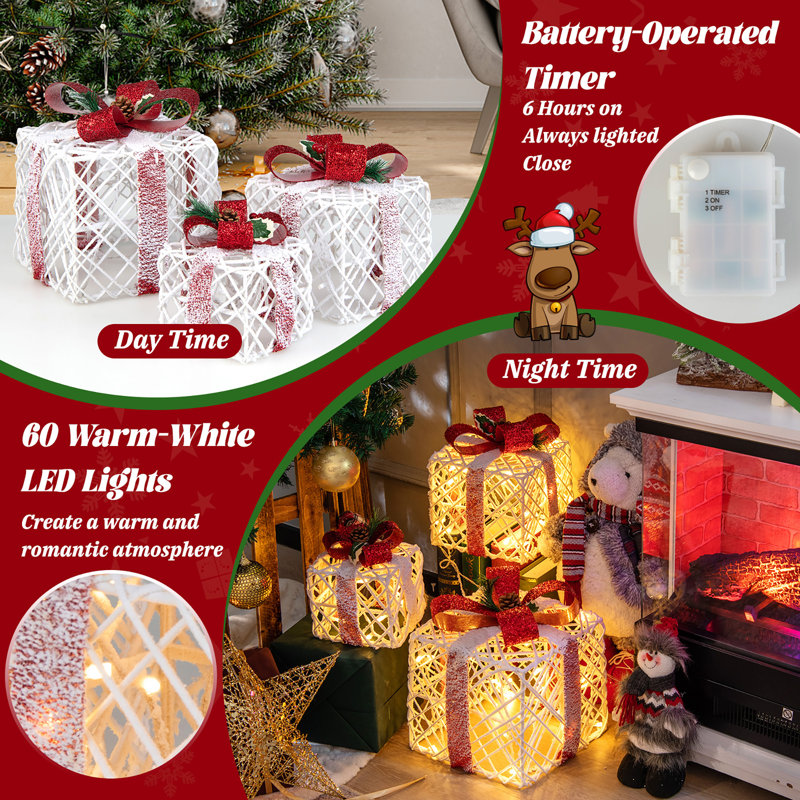 The Holiday Aisle® 3 Piece Christmas Present Boxes Festival Lighted ...