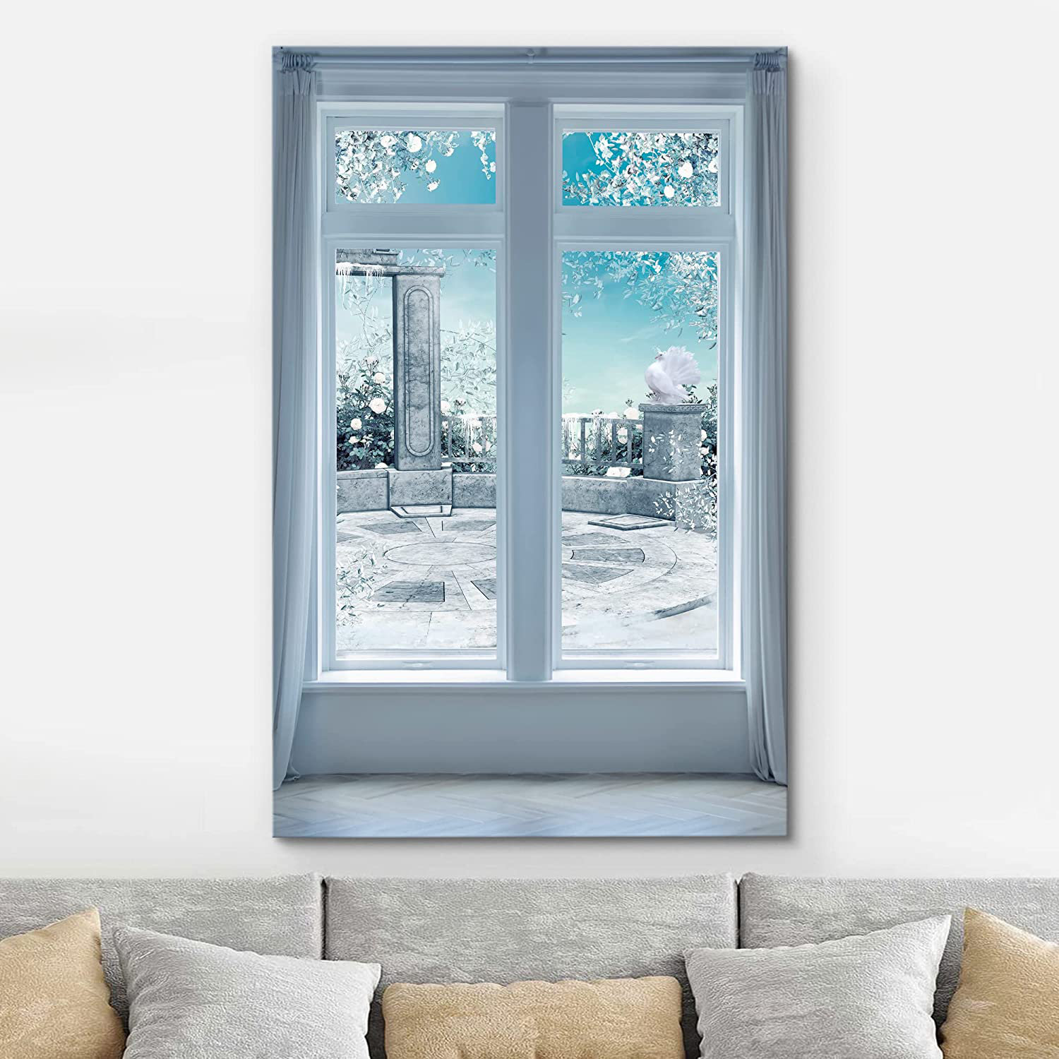 IDEA4WALL Window View Winter Snow Rose Garden Bird Pavillion Nature ...