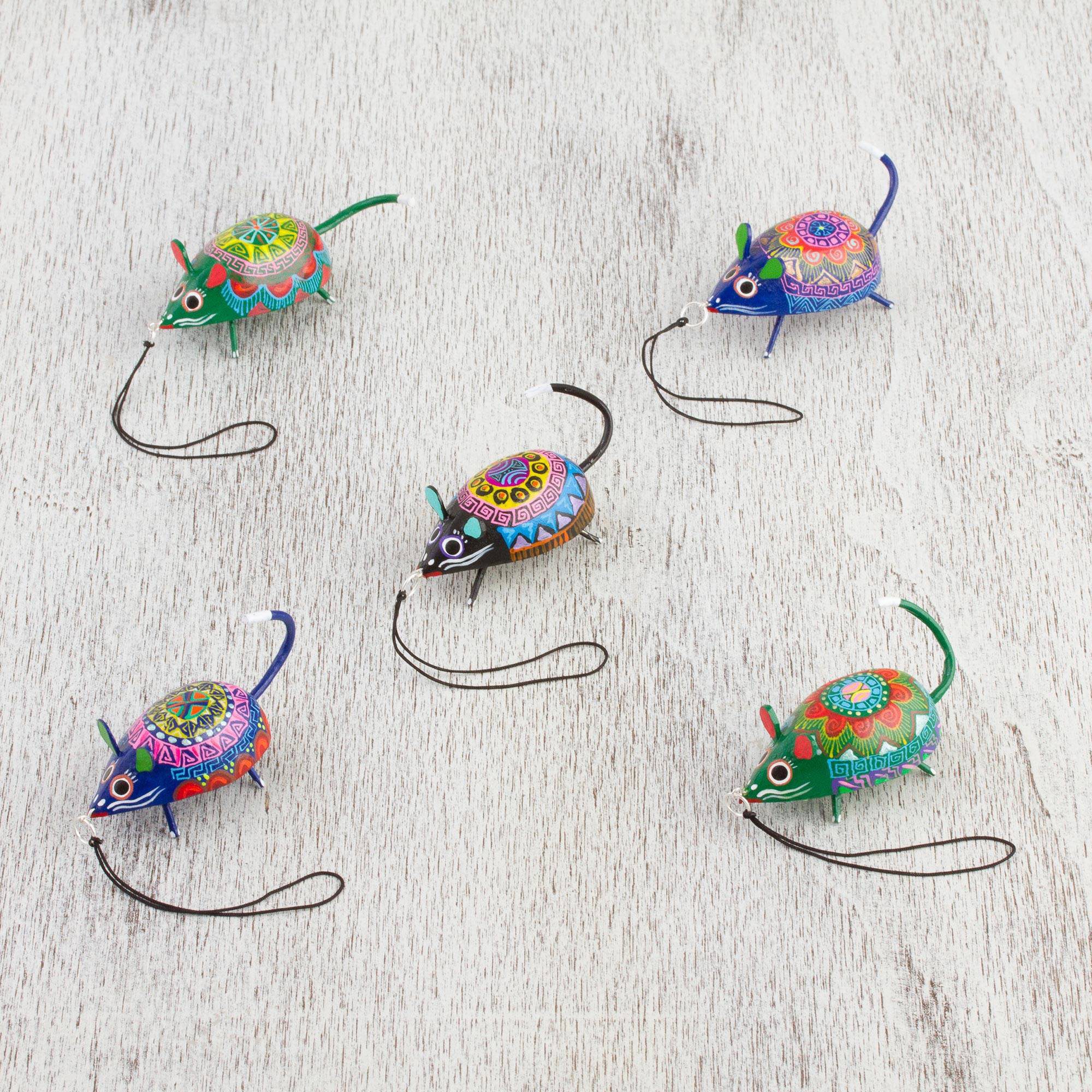 The Holiday Aisle® 4 Piece Colorful Mice Wood Alebrije Hanging Figurine ...