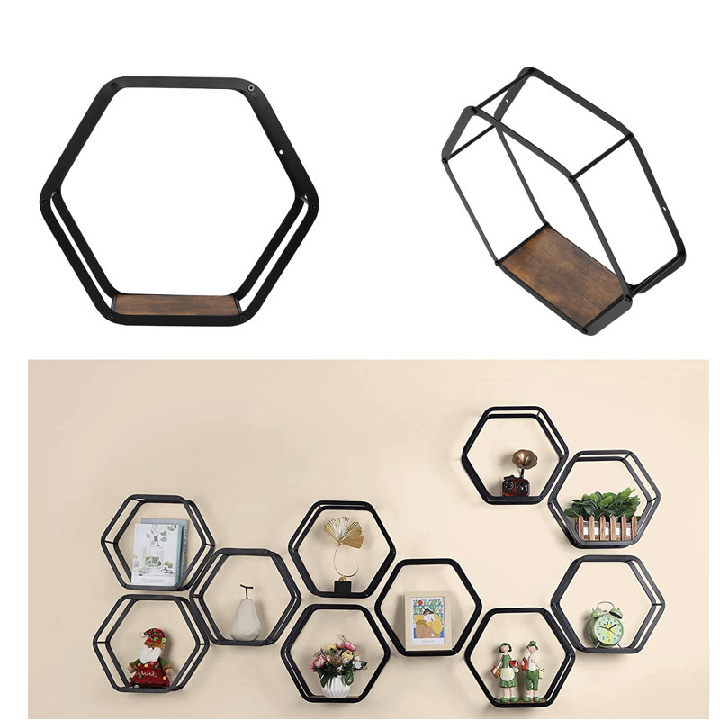 Hokku Designs Adaobi Hexagon Floating Shelves Black Metal Hexagon ...