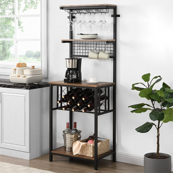 17 Stories Wine Bakers Rack, Freestanding Wine Rack With Glass Holder ...