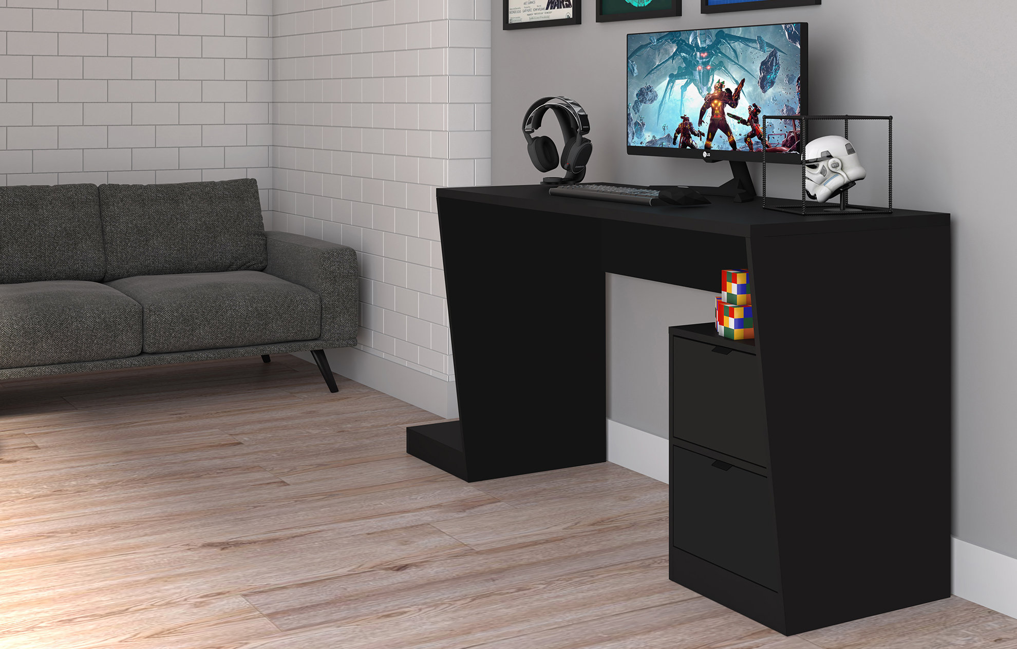 Latitude Run Black Gamer Desk With Storage Cabinet- 173cm | Wayfair.co.uk