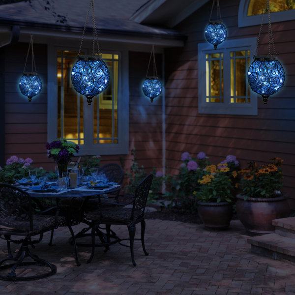 Exhart Solar Round Glass and Metal Hanging Lantern with 15 Cool White ...