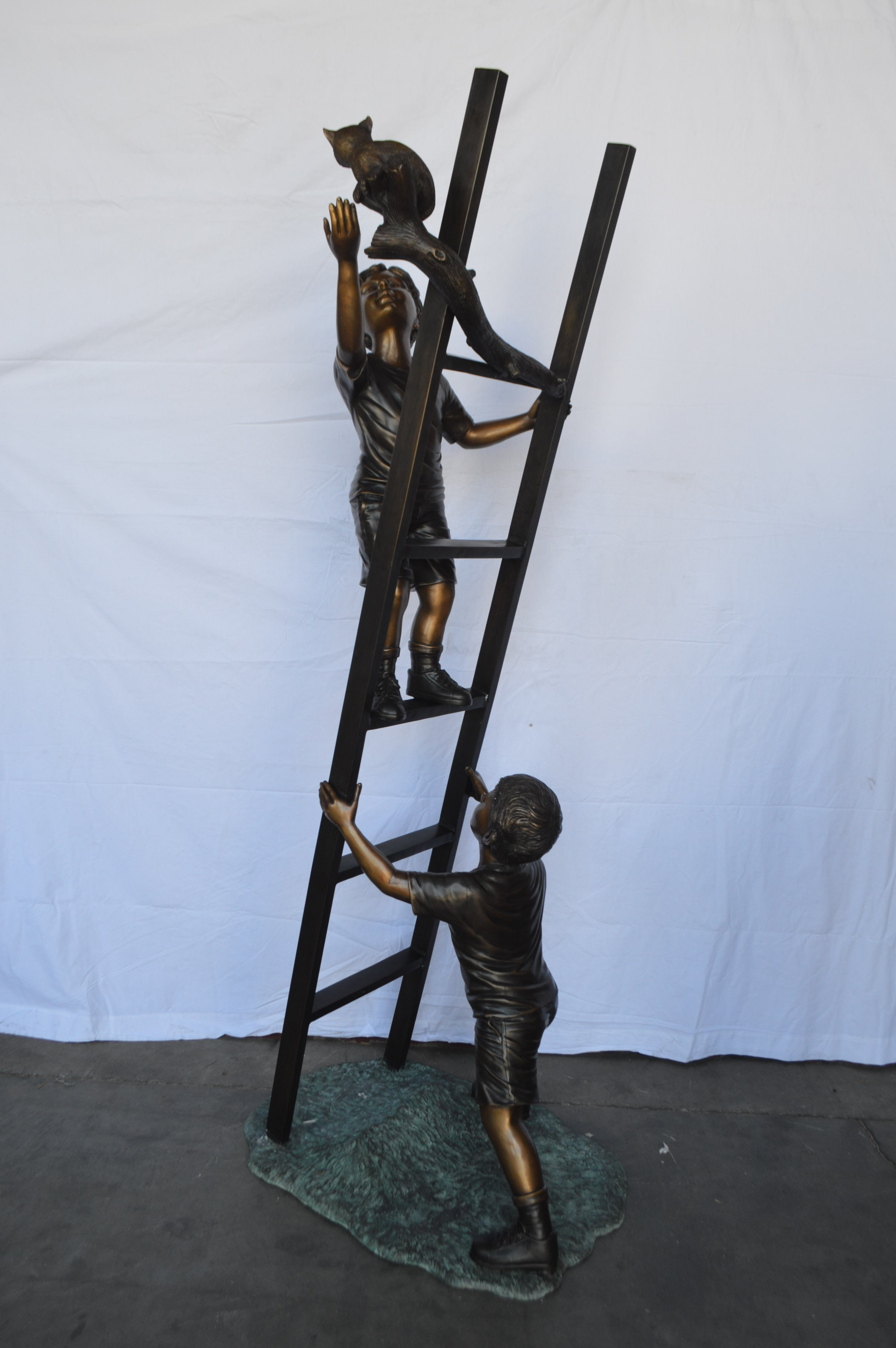 Nifao Statues Two Kids Climb A Ladder Saving A Cat Bronze Statue -Size ...