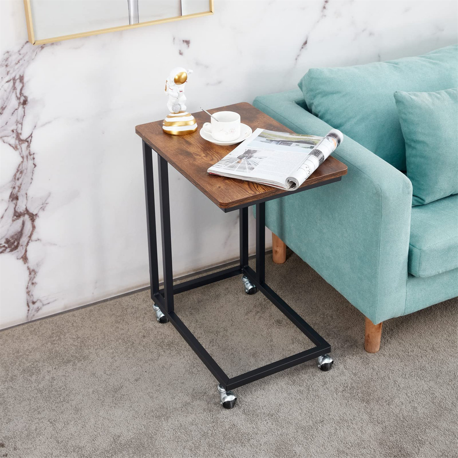 Levi Beer Side Table C-Shape End Table With Wheels And Adjustable Feet ...