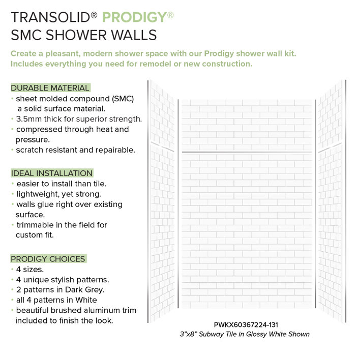Transolid Prodigy 96" H x 36" D Three Panel Shower Wall | Wayfair