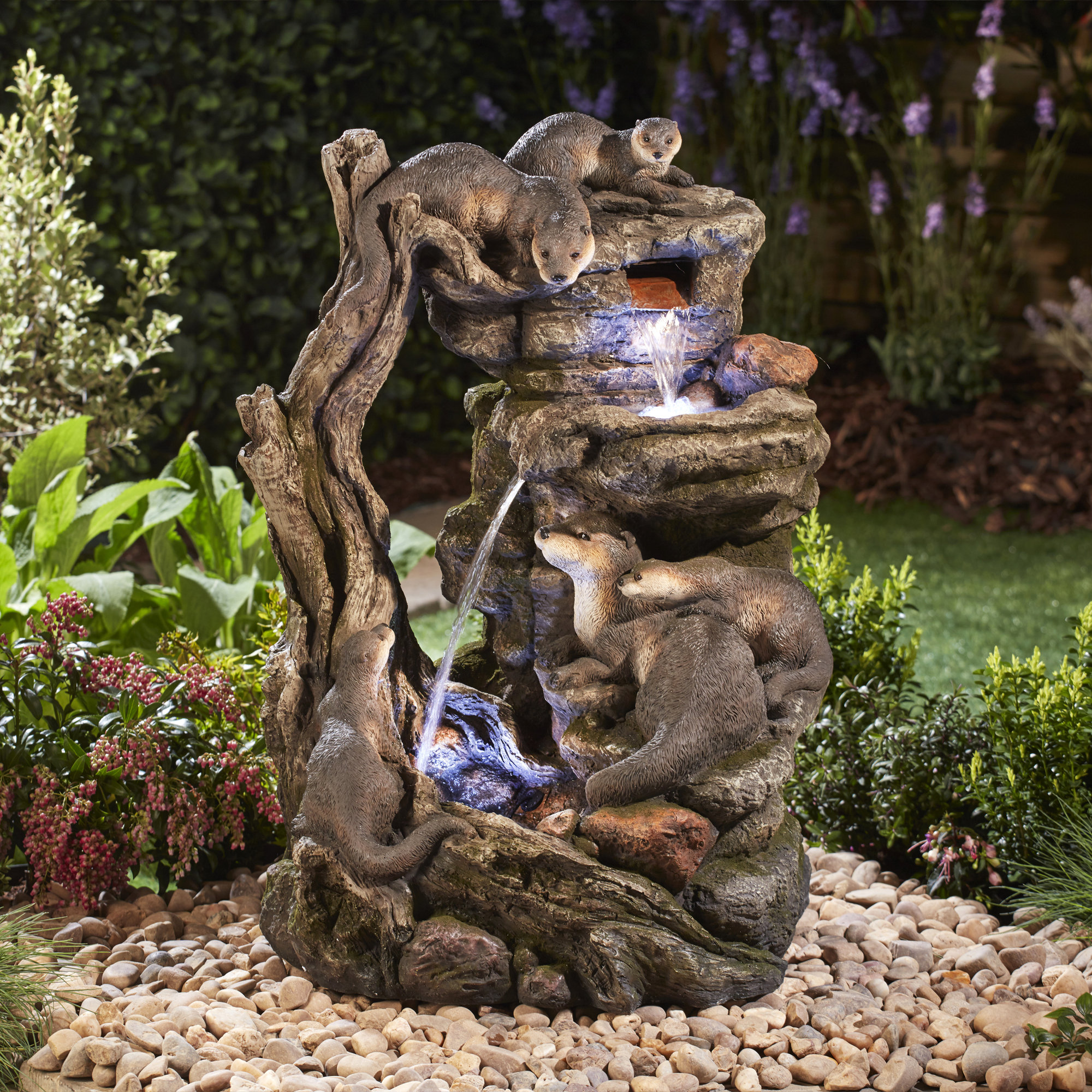 Union Rustic Nolia Resin Otter Family Water Feature with Light ...