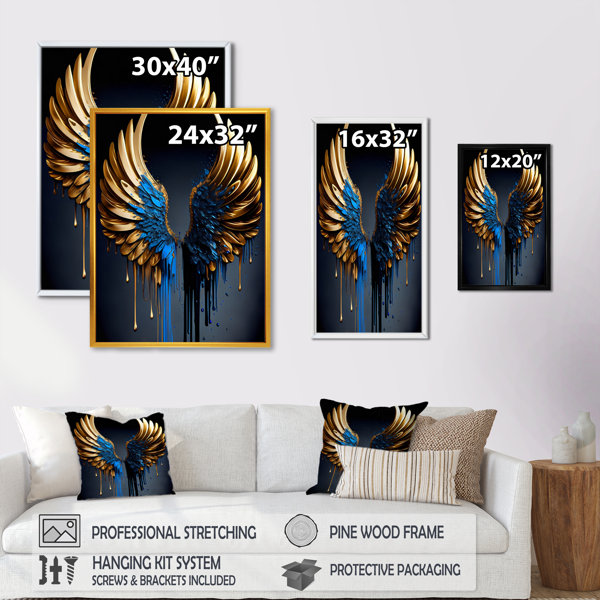 DesignArt Blue And Gold Angel Wings III - Floater Frame Print on Canvas ...