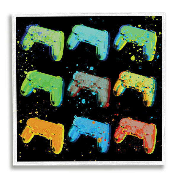 Stupell Industries Neon Pop Style Gaming Controllers Paint Splatter by ...