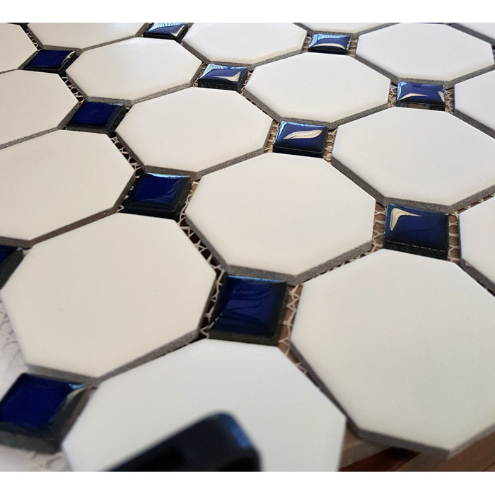 TENEDOS Octagon White/Cobalt Blue Dots Matte Porcelain Mosaic Wall ...
