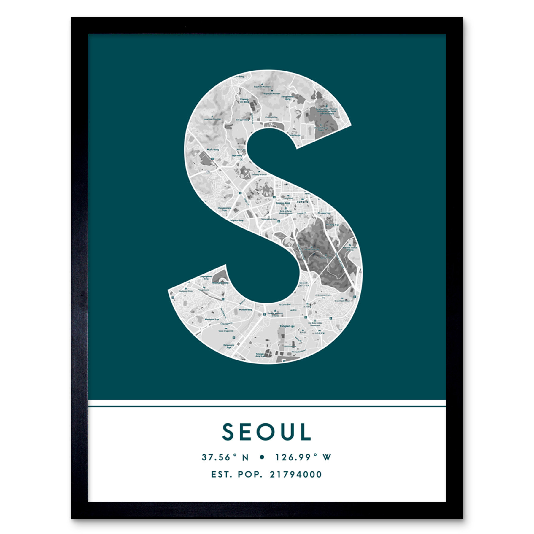 Wee Blue Coo Seoul City Map Seoul Teal by Wee Blue Coo - Picture Frame ...