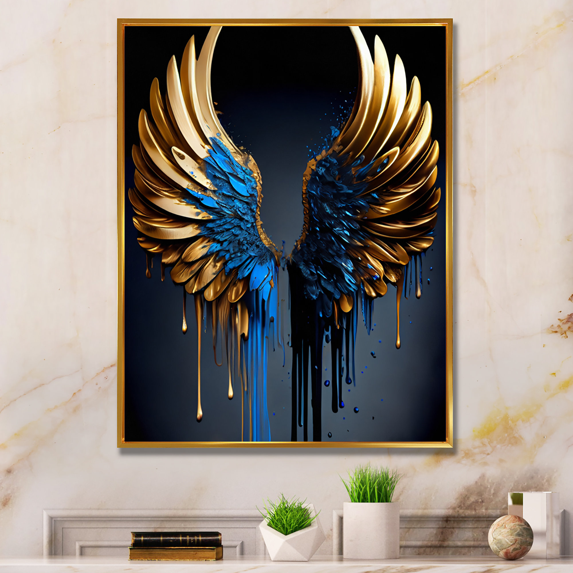 DesignArt Blue And Gold Angel Wings III - Floater Frame Print on Canvas ...