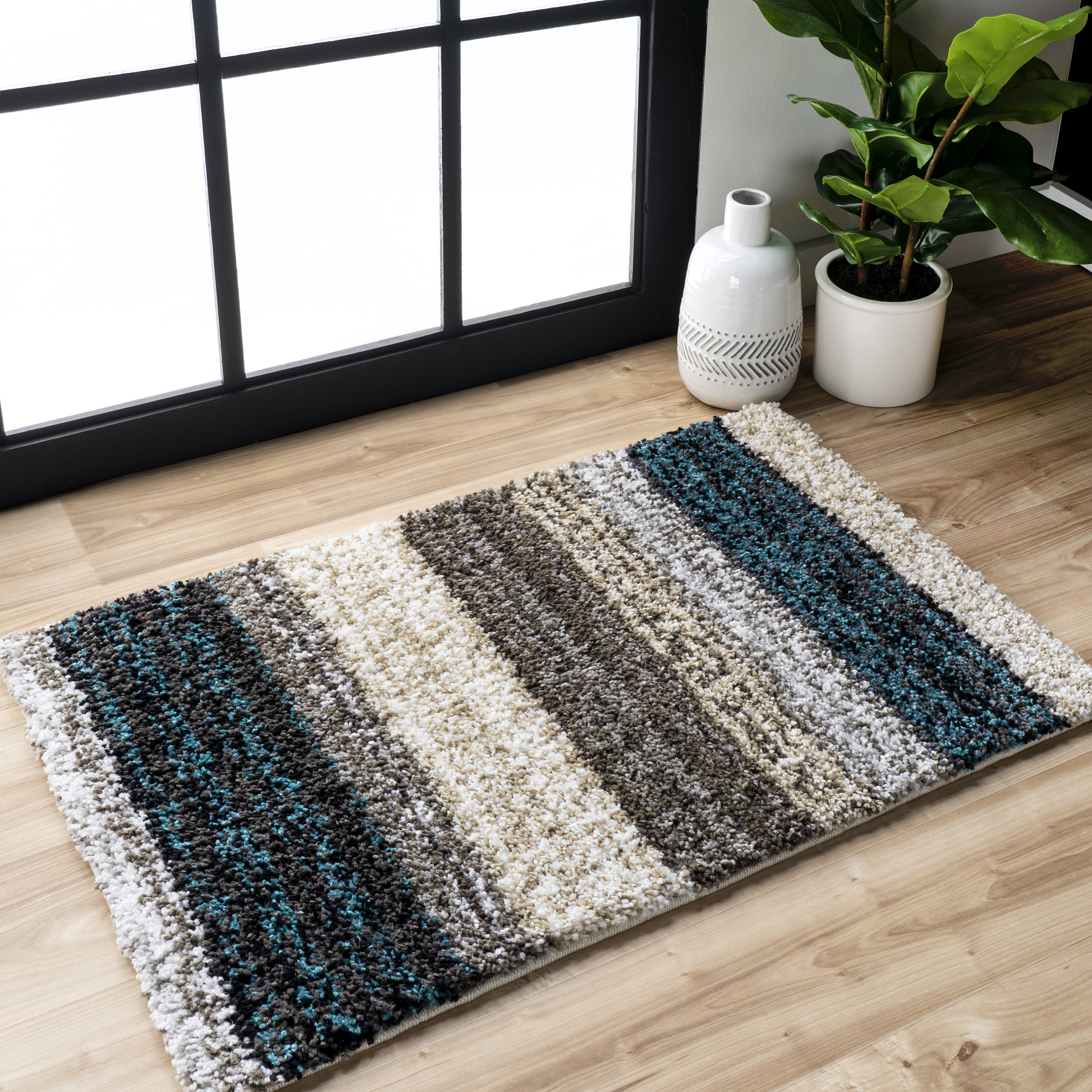 Langley Street City Striped Shag Tufted Performance Brown/Teal/Blue Rug ...