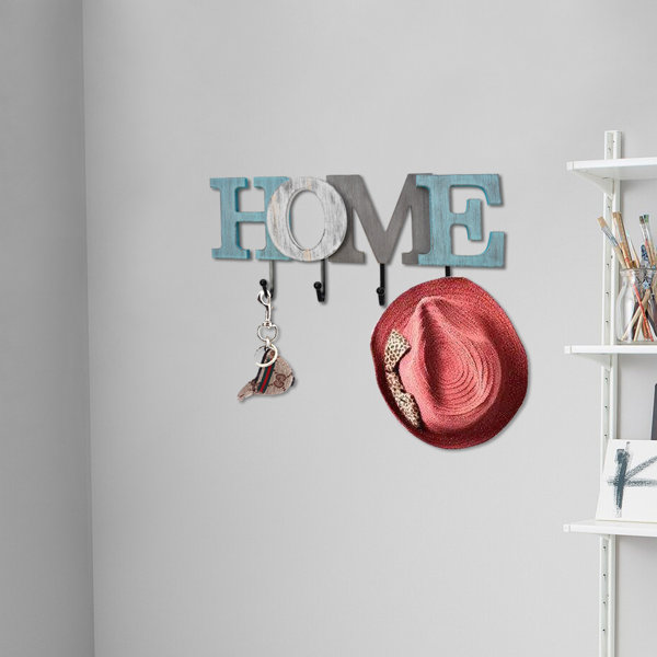 Gracie Oaks Rustic Wood Home Letter Sign With 4 Hooks Cutout Home Sign ...
